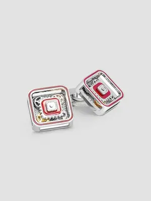 Tateossian Silvertone & Enamel Gear Cufflinks - Red