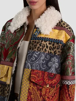 Alice + Olivia Hudson Patchwork Jacquard & Sherpa Aviator Coat