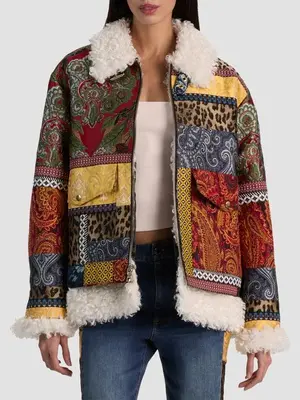 Alice + Olivia Hudson Patchwork Jacquard & Sherpa Aviator Coat