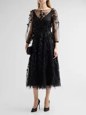 MAISON COMMON Floral Embroidered Tulle Illusion Midi Dress