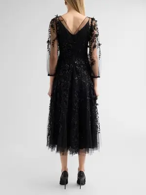 MAISON COMMON Floral Embroidered Tulle Illusion Midi Dress
