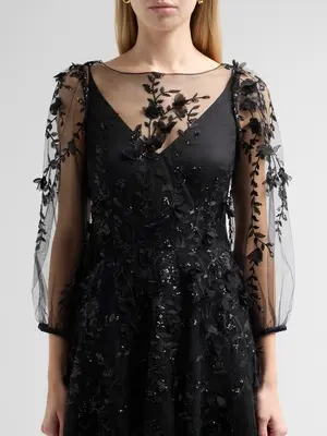MAISON COMMON Floral Embroidered Tulle Illusion Midi Dress