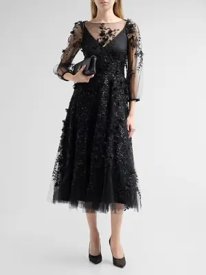 MAISON COMMON Floral Embroidered Tulle Illusion Midi Dress