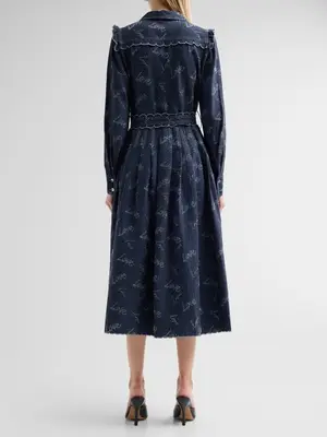 MAISON COMMON Belted Embroidered Chambray Midi Shirtdress