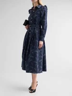 MAISON COMMON Belted Embroidered Chambray Midi Shirtdress