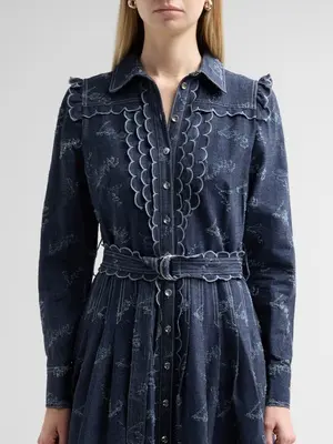 MAISON COMMON Belted Embroidered Chambray Midi Shirtdress