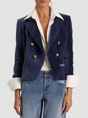 Alice + Olivia Sable Double-breasted Velvet Crop Blazer - Midnight Blue