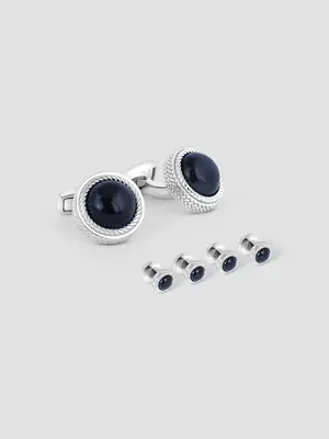 Tateossian 3-piece Sterling Silver & Tiger Eye Cufflinks & Studs Set - Blue