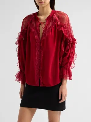 Alice + Olivia Aleena Ruffled Lace-trim Blouse