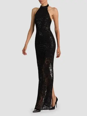 Alice + Olivia Koi Sequined Lace Halter Maxi Dress