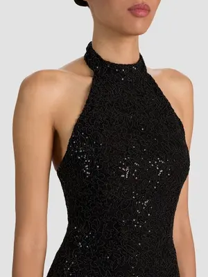 Alice + Olivia Koi Sequined Lace Halter Maxi Dress