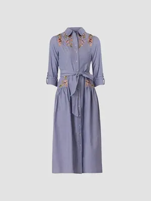 Shoshanna Caldwell Embroidered Pinstriped Shirtdress - Lapis Multi