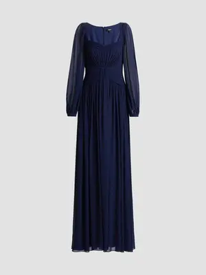Badgley Mischka Queen Anne Pleated Georgette A-line Gown - Navy