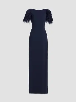 Badgley Mischka Feather Cuff Odessa Crepe Column Gown