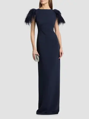 Badgley Mischka Feather Cuff Odessa Crepe Column Gown