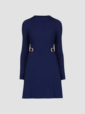Shoshanna Janice Buckle-detailed Rib-knit Fit & Flare Dress - Navy