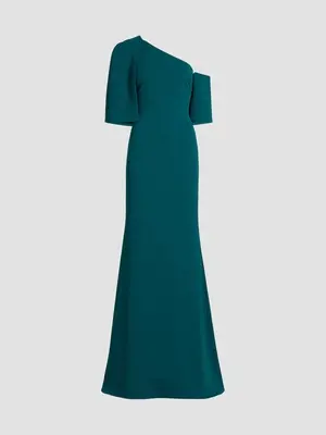 Badgley Mischka Stretch-crepe Cape Gown