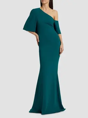 Badgley Mischka Stretch-crepe Cape Gown