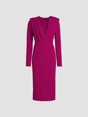 Badgley Mischka Pleated Stretch Crepe V-neck Midi-dress - Raspberry
