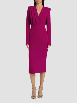 Badgley Mischka Pleated Stretch Crepe V-neck Midi-dress