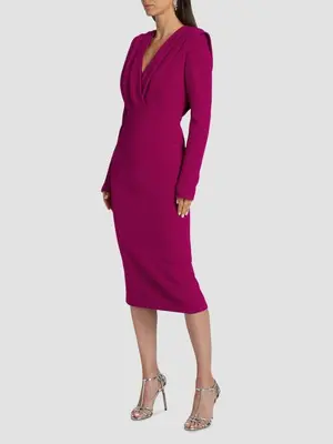 Badgley Mischka Pleated Stretch Crepe V-neck Midi-dress