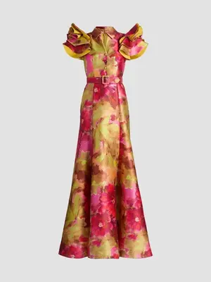 Badgley Mischka Vibrant Floral Flutter-sleeve Gown