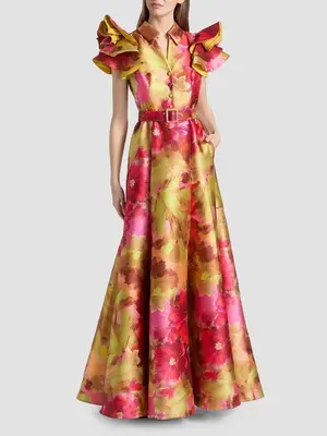 Badgley Mischka Vibrant Floral Flutter-sleeve Gown