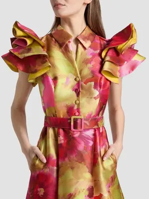 Badgley Mischka Vibrant Floral Flutter-sleeve Gown