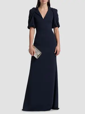 Badgley Mischka Crepe Puff-sleeve Evening Gown