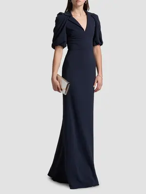 Badgley Mischka Crepe Puff-sleeve Evening Gown