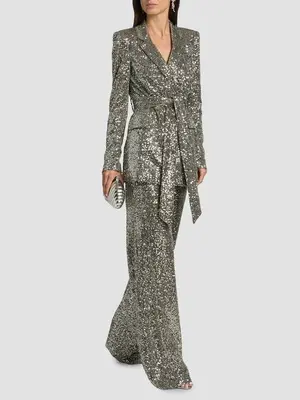 Badgley Mischka Sequined High-rise Wide-leg Evening Pants