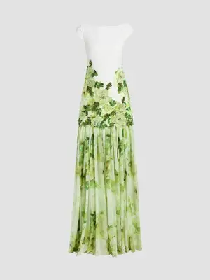 Badgley Mischka Floral Appliqué Drop-waist Gown