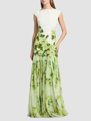Badgley Mischka Floral Appliqué Drop-waist Gown