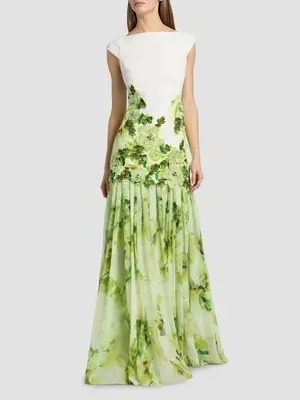 Badgley Mischka Floral Appliqué Drop-waist Gown