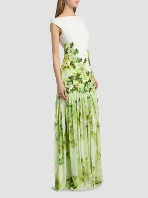 Badgley Mischka Floral Appliqué Drop-waist Gown