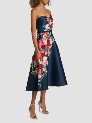 Badgley Mischka Floral Embellished Strapless Cocktail Dress