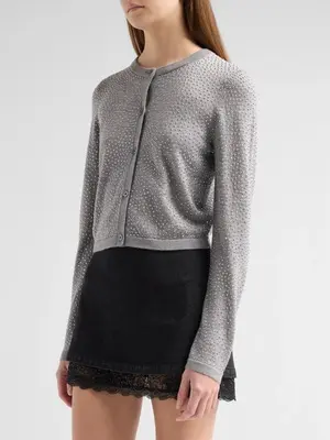 Alice + Olivia Carson Embellished Wool Cardigan - Medium Heather Grey