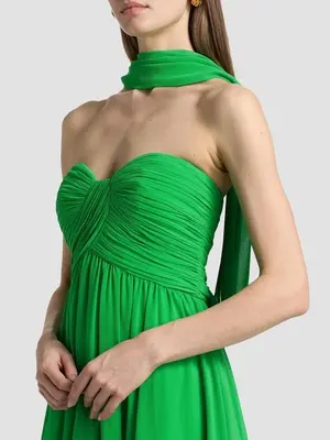 Badgley Mischka Gathered Strapless Scarf-neck Gown