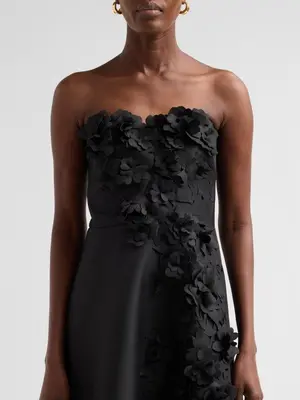 Badgley Mischka Floral Applique Strapless Cocktail Dress - Black