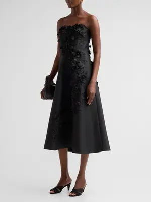 Badgley Mischka Floral Applique Strapless Cocktail Dress - Black