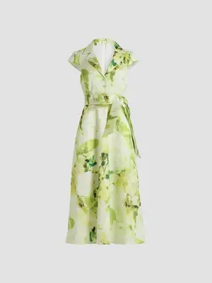 Badgley Mischka Belted Floral A-line Midi-dress - Lime