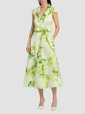 Badgley Mischka Belted Floral A-line Midi-dress