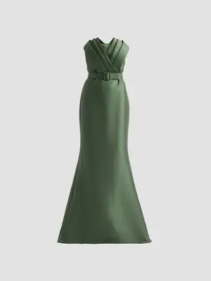 Badgley Mischka Pleated Strapless Satin Flare Gown