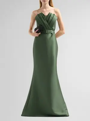 Badgley Mischka Pleated Strapless Satin Flare Gown