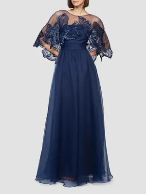Theia Ginny Embellished Organza Capelet Gown