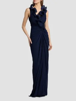 Badgley Mischka Gathered Ruffle Column Gown