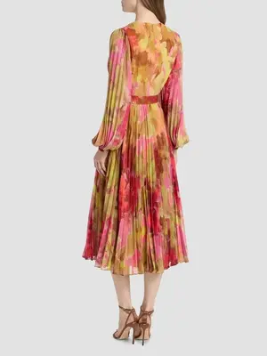 Badgley Mischka Floral Pleated Belted Midi-dress