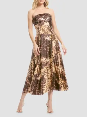 Dress The Population Miranda Leopard-print Sequin-trim Satin Midi Dress