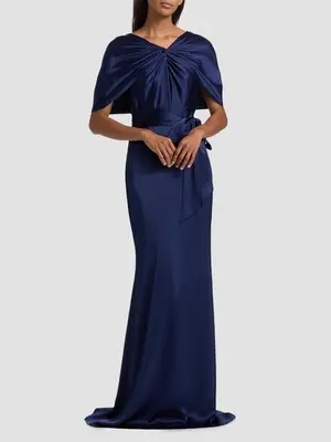 Badgley Mischka Hammered Satin Cape Sleeve Gown
