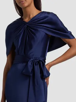 Badgley Mischka Hammered Satin Cape Sleeve Gown